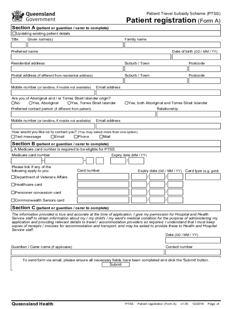 Fillable Online PTSS Patient Registration (Form A) Queensland Health ...