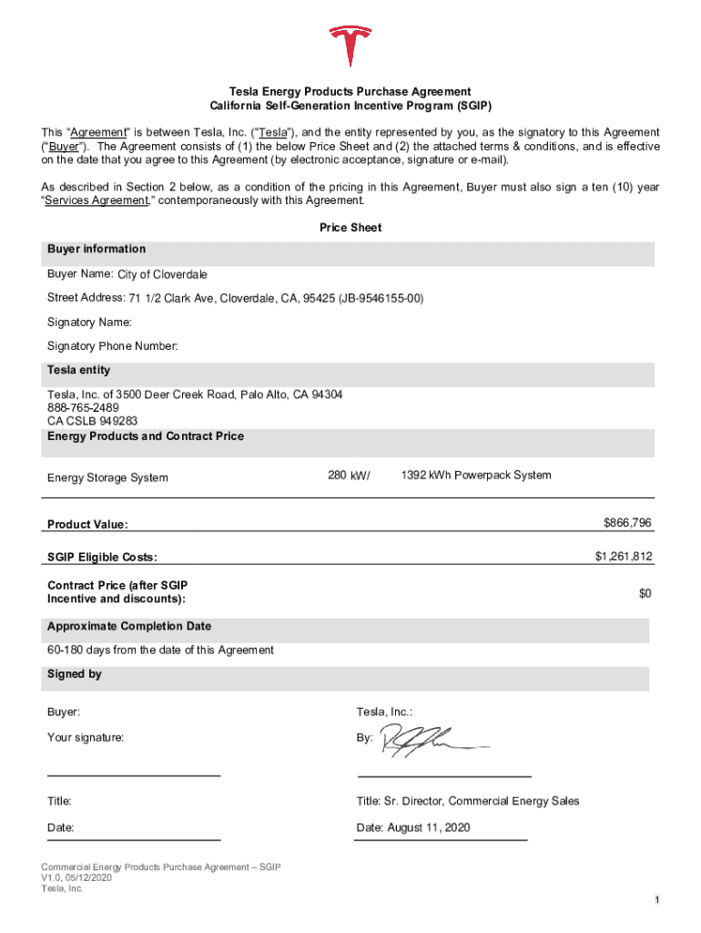 Fillable Online Tesla Energy Products Purchase Agreement - City of ...