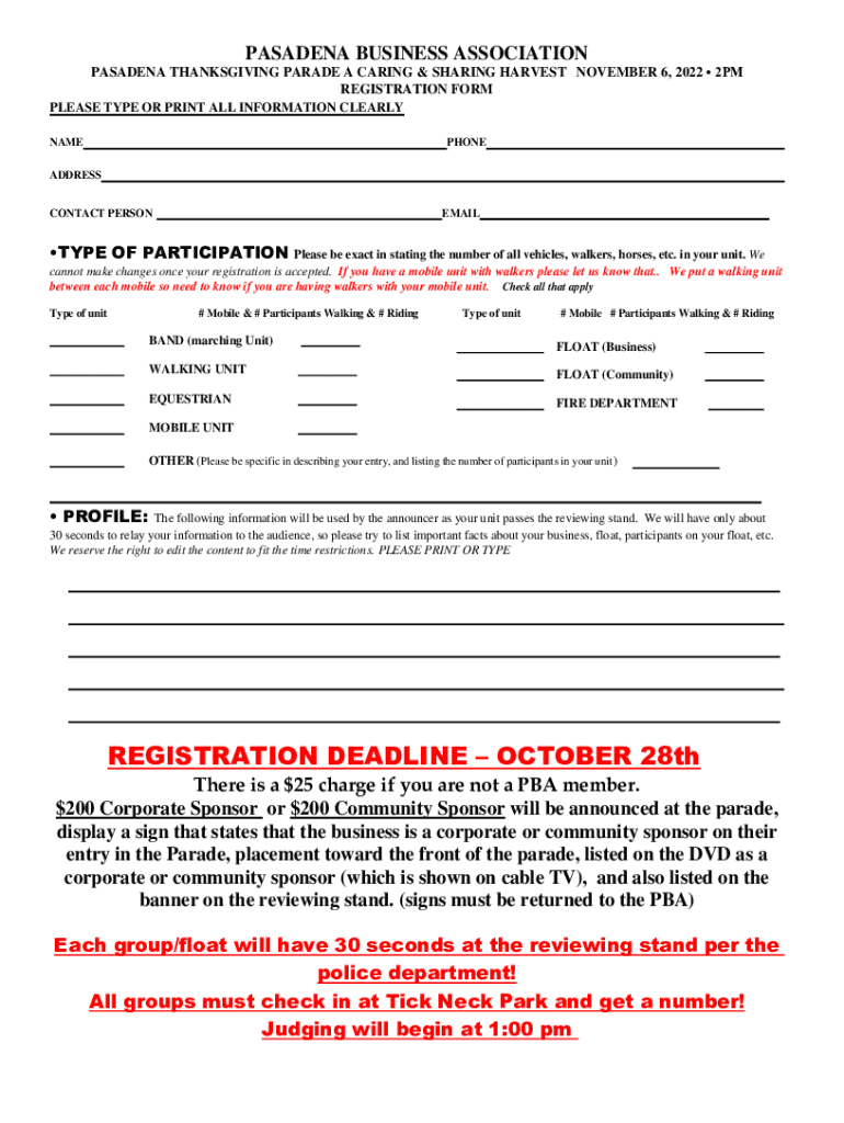 Fillable Online PASADENA BUSINESS ASSOCIATION PARADE REGISTRATION FORM ...