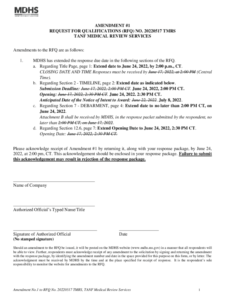 Fillable Online Amendment #1 Request for Qualifications (RFQ) No ... - MS.gov Fax Email Print ...