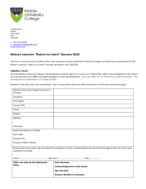 Fillable Online Writtle University College - Mature Learners Return to ...