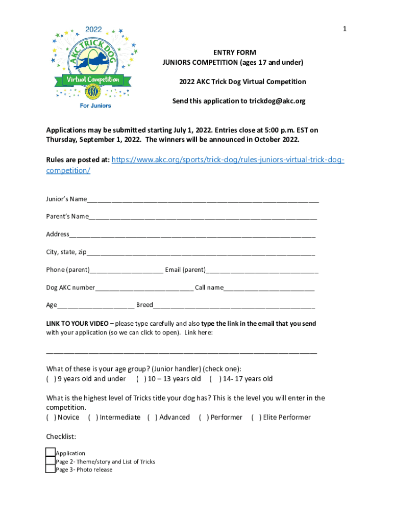 Fillable Online 1 ENTRY FORM 2022 AKC Trick Dog Elite Performer Virtual ...