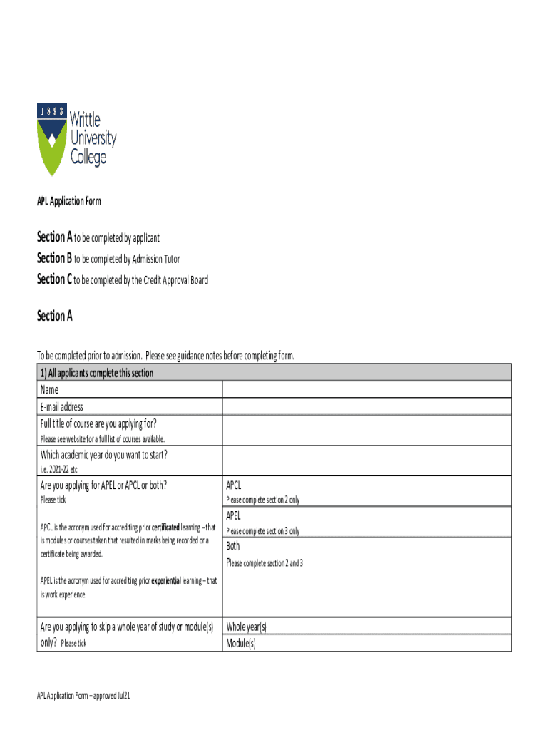 Fillable Online Writtle University College - APL Application Form Fax ...