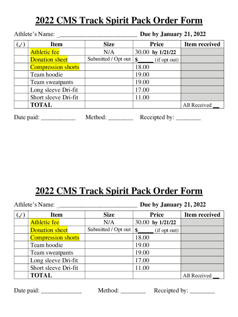 Fillable Online 2022 CMS Track Spirit Pack Order Form Fax Email Print ...