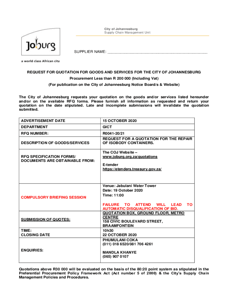 Fillable Online REQUEST FOR A QUOTATION FOR THE REPAIR Fax Email Print - pdfFiller