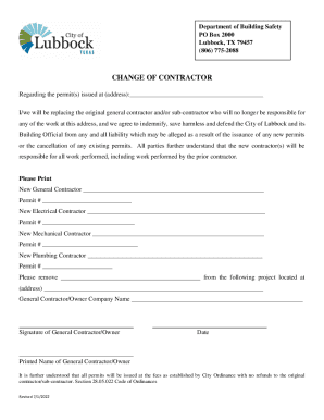 Fillable Online Change of Contractor Form - City of Lubbock - Fax Email ...