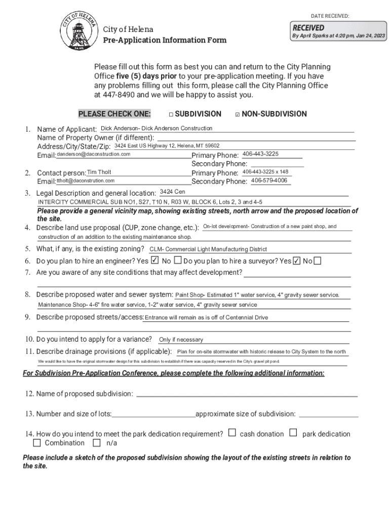 Fillable Online City of Helena Pre-Application Information Form Please fill out ... Fax Email ...