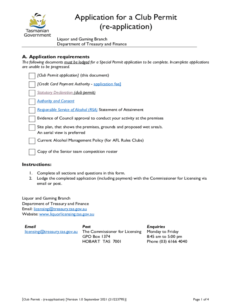 Fillable Online Application for a Club Permit (re-application) Fax ...