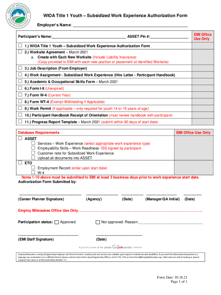 Fillable Online WIOA Title 1 Youth Subsidized Work Experience ...
