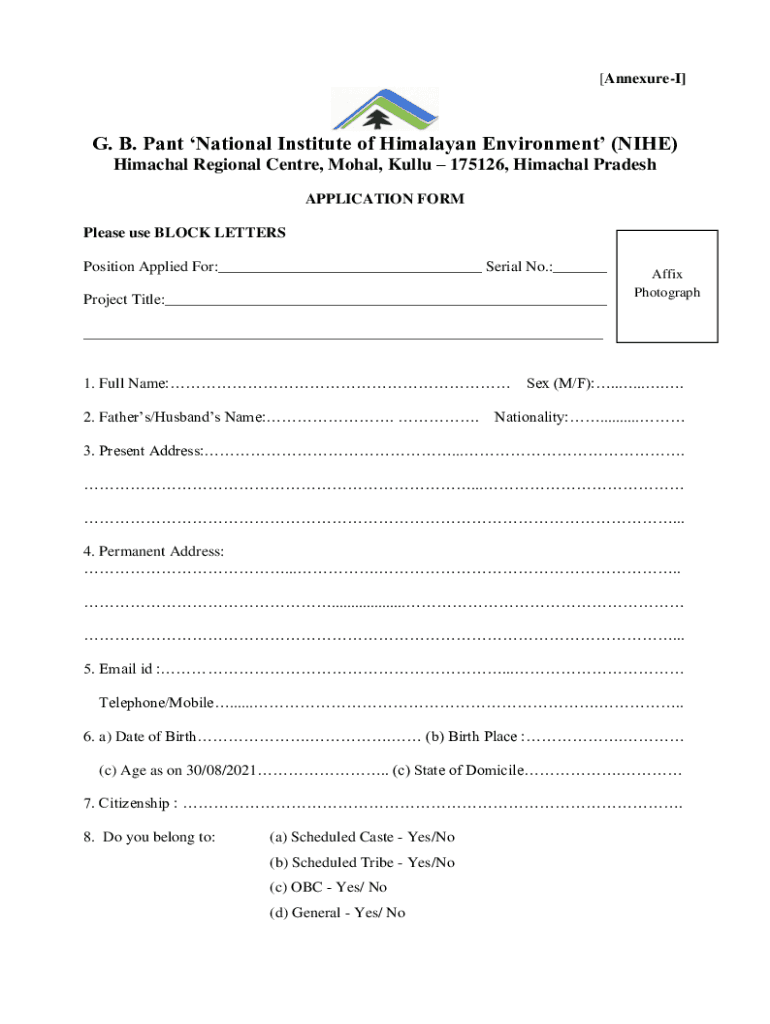 Fillable Online himachal nic G. B. Pant National Institute of Himalayan Environment Kullu ...