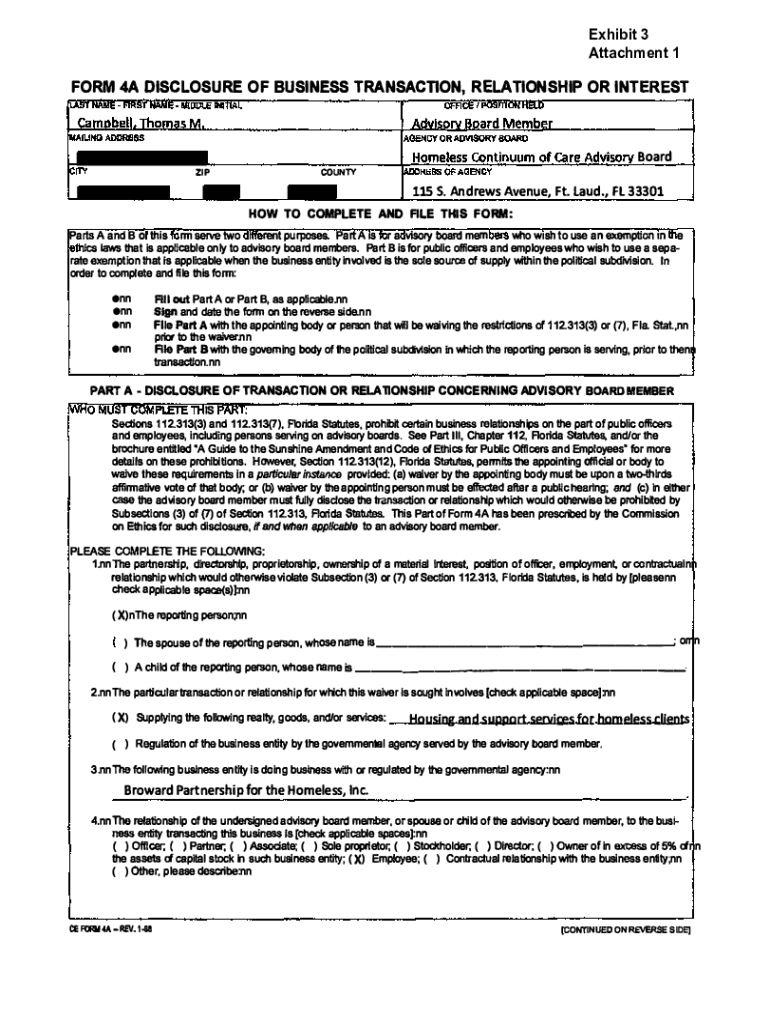 Fillable Online FORM 4A DISCLOSURE OF BUSINESS TRANSACTION ... Fax ...