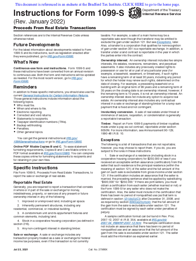 Fillable Online Instructions for Form 1099-S (Rev. January 2022). Instructions for Form 1099-S ...