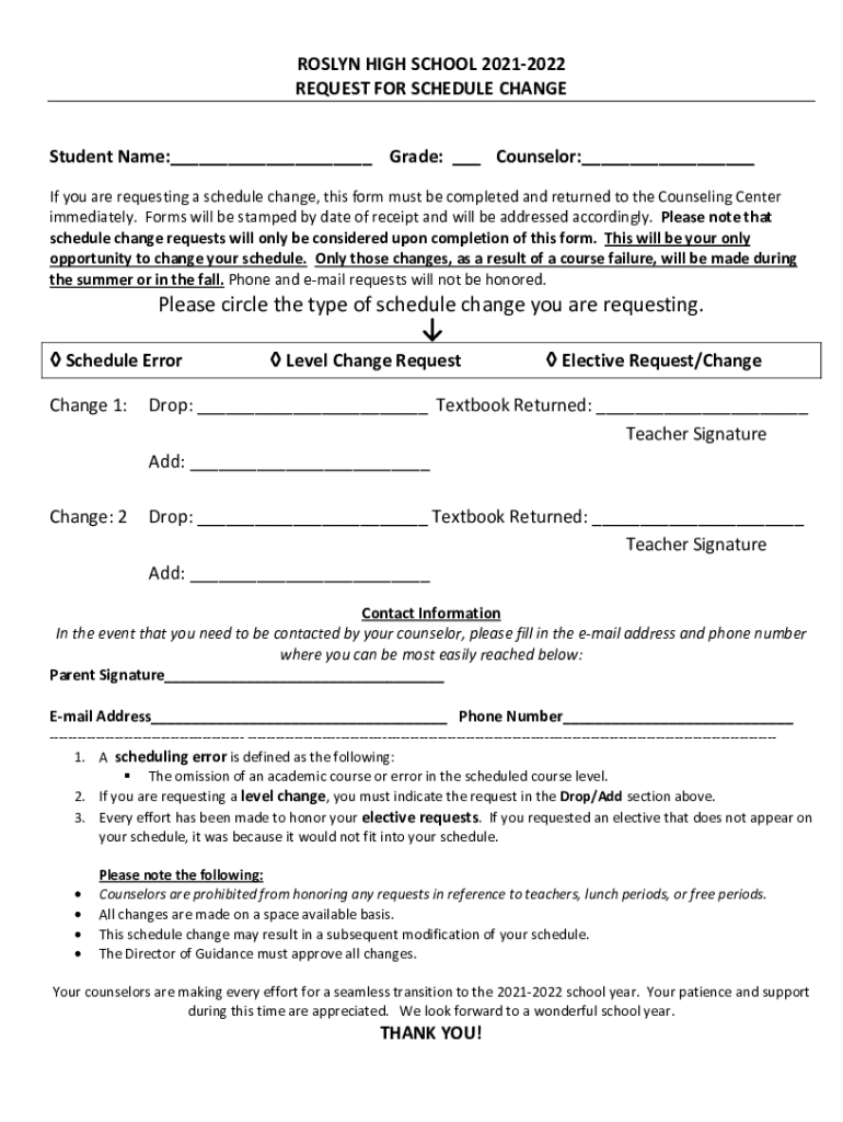 Fillable Online Please circle the type of schedule change you are ...