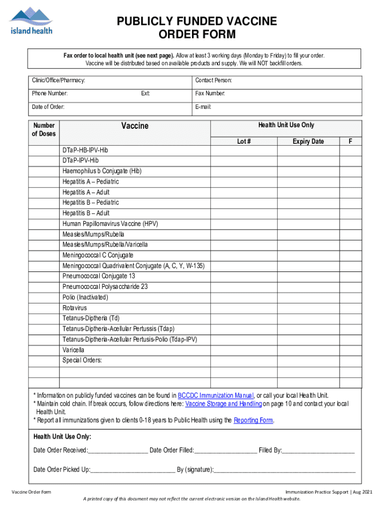 Fillable Online Influenza Vaccine Order Form for Community Vaccine ...