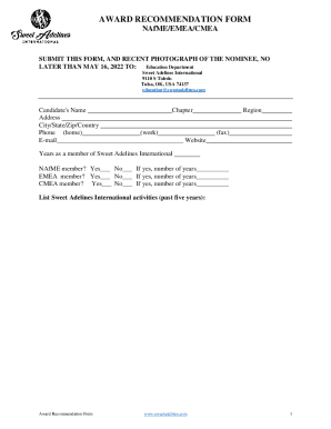 Fillable Online AWARD RECOMMENDATION FORM - Sweet Adelines Fax Email ...