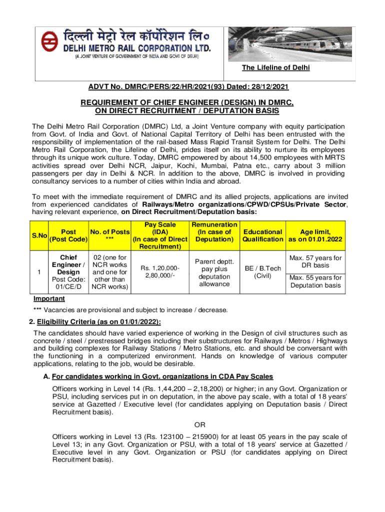 Fillable Online REQUIREMENT OF CHIEF ENGINEER (DESIGN) IN DMRC ... Fax ...