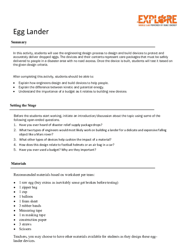 Fillable Online cecas clemson Egg Drop Project Teaches Engineering ...