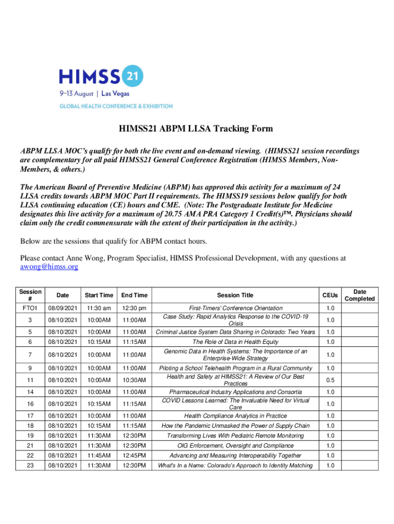 Fillable Online HIMSS21 ABPM LLSA Tracking Form Fax Email Print - pdfFiller