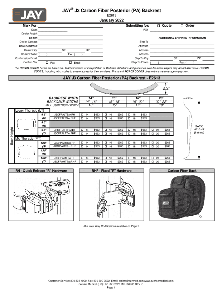 Fillable Online JAY J3 Carbon Fiber Posterior (PA) Backrest - Sunrise Medical Fax Email Print ...