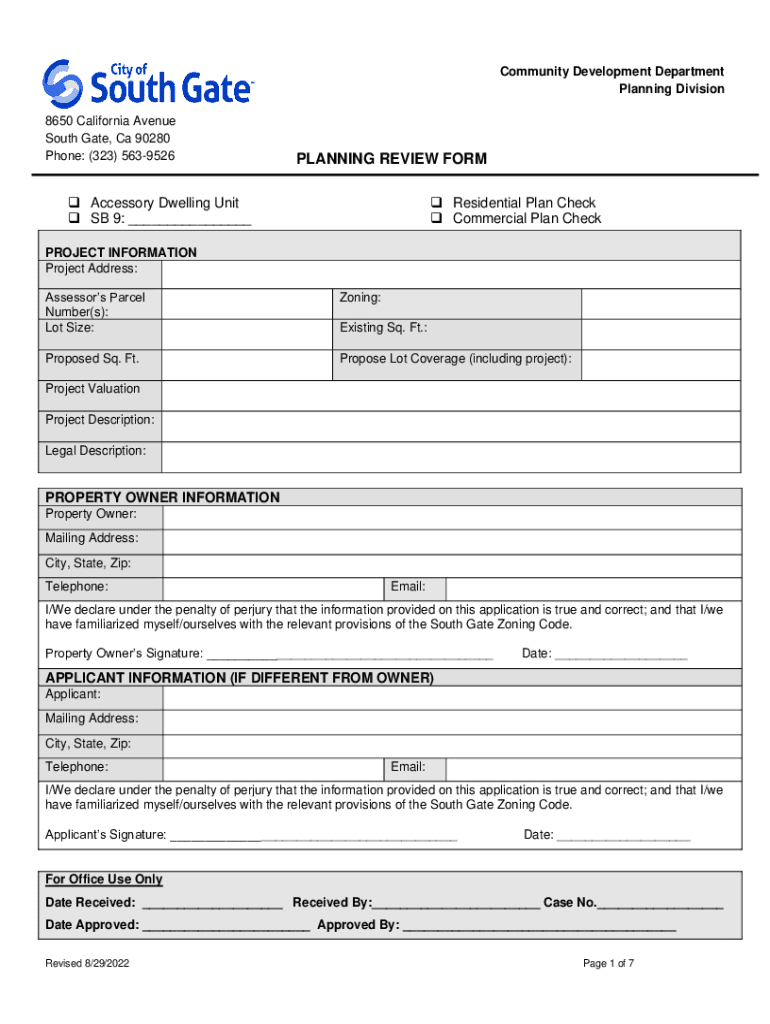 Fillable Online PLANNING REVIEW FORM - City of South Gate Fax Email ...