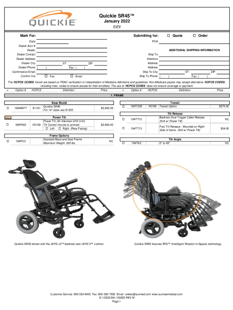 Fillable Online Quickie SR45 - Sunrise Medical Fax Email Print - pdfFiller