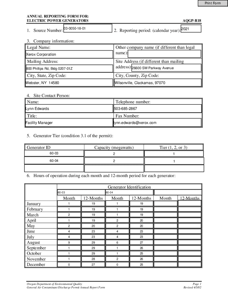 Fillable Online Annual Reporting form for electric power generators ...