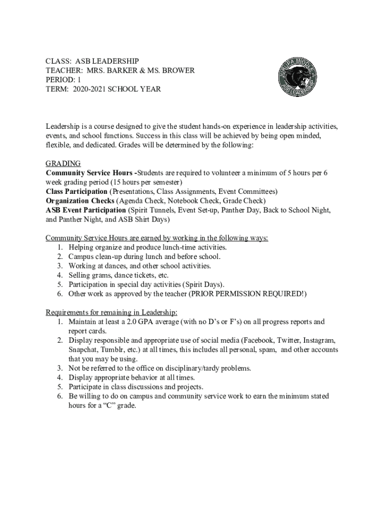 Fillable Online CLASS: ASB LEADERSHIP TEACHER: MRS. BARKER & MS ... Fax ...