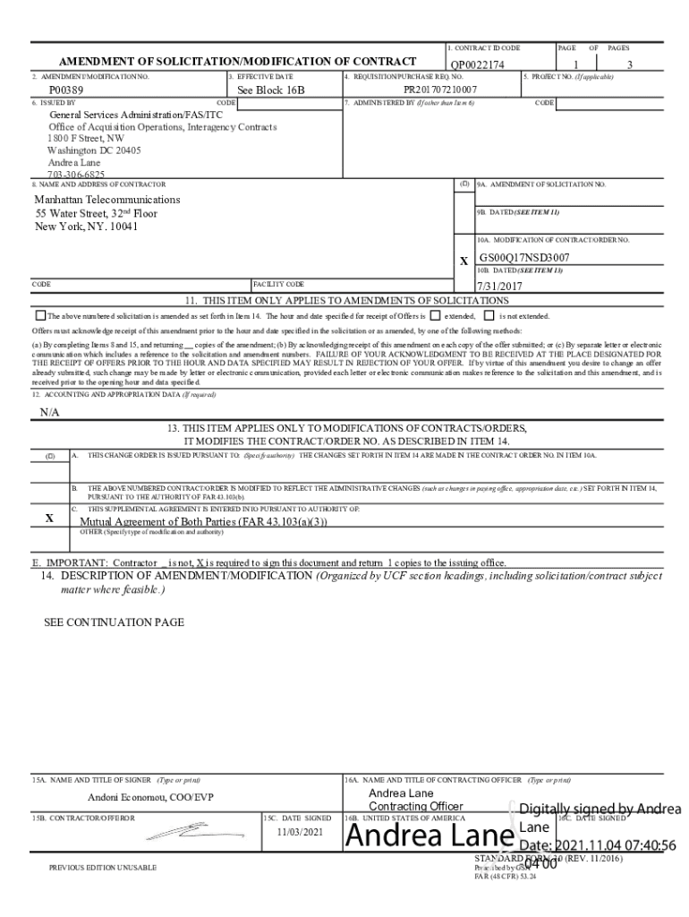 Fillable Online 47QTCK18D0008 - AMENDMENT OF SOLICITATION - PA01 Fax Email Print - pdfFiller