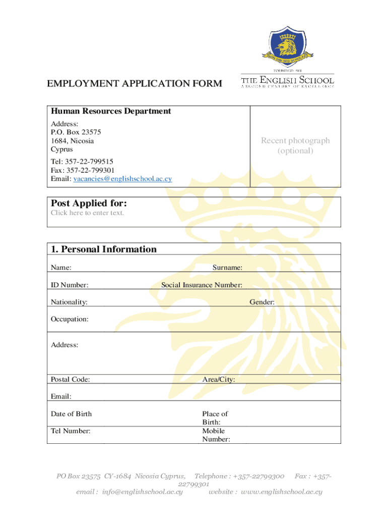 Fillable Online EMPLOYMENT APPLICATION FORM Post Applied for Fax Email ...