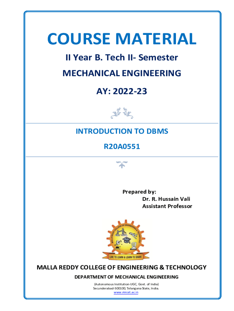 Fillable Online Database Management Systems Lecture Notes - mrcet.ac.in ...