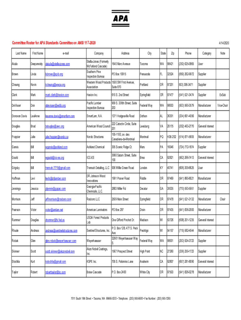 Fillable Online Committee Roster for APA Standards Committee on ANSI ...