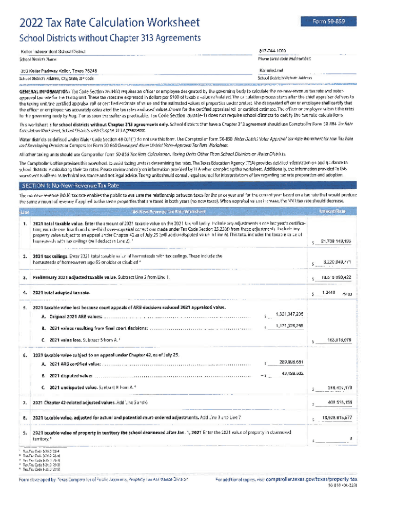 Fillable Online 2022 Tax Rate Calculation Worksheet - Tarrant County ...