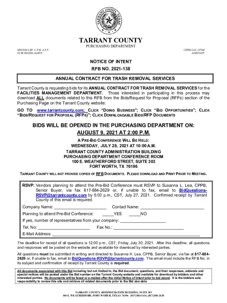 Fillable Online Tarrant County is requesting bids for its ANNUAL ...