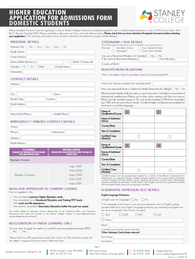 Fillable Online higher education application for admissions form Fax ...