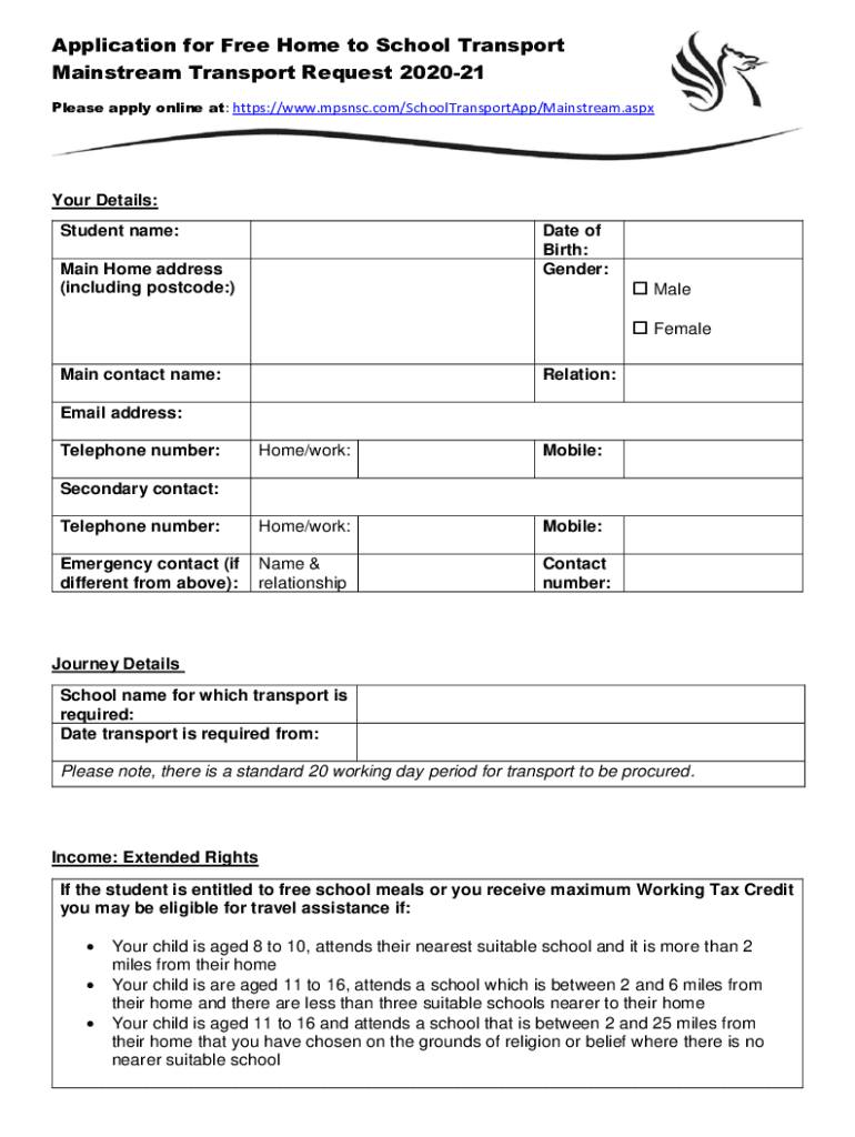 Fillable Online Home to school transport - mainstream application form ...