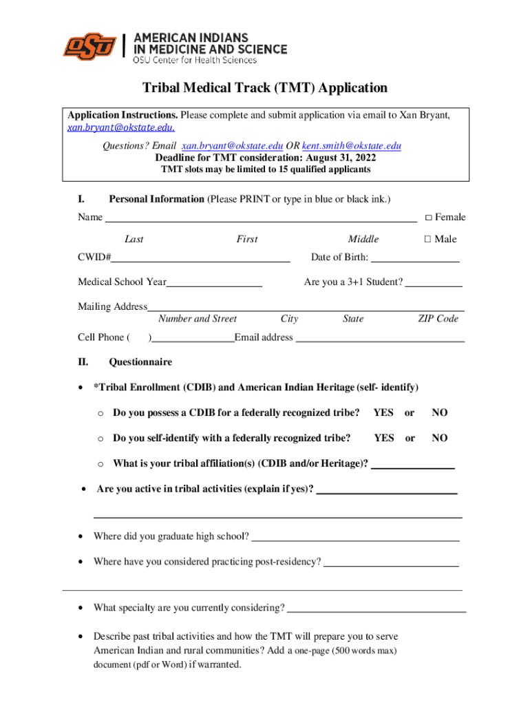 Fillable Online medicine okstate Tribal Medical Track (TMT) Application ...