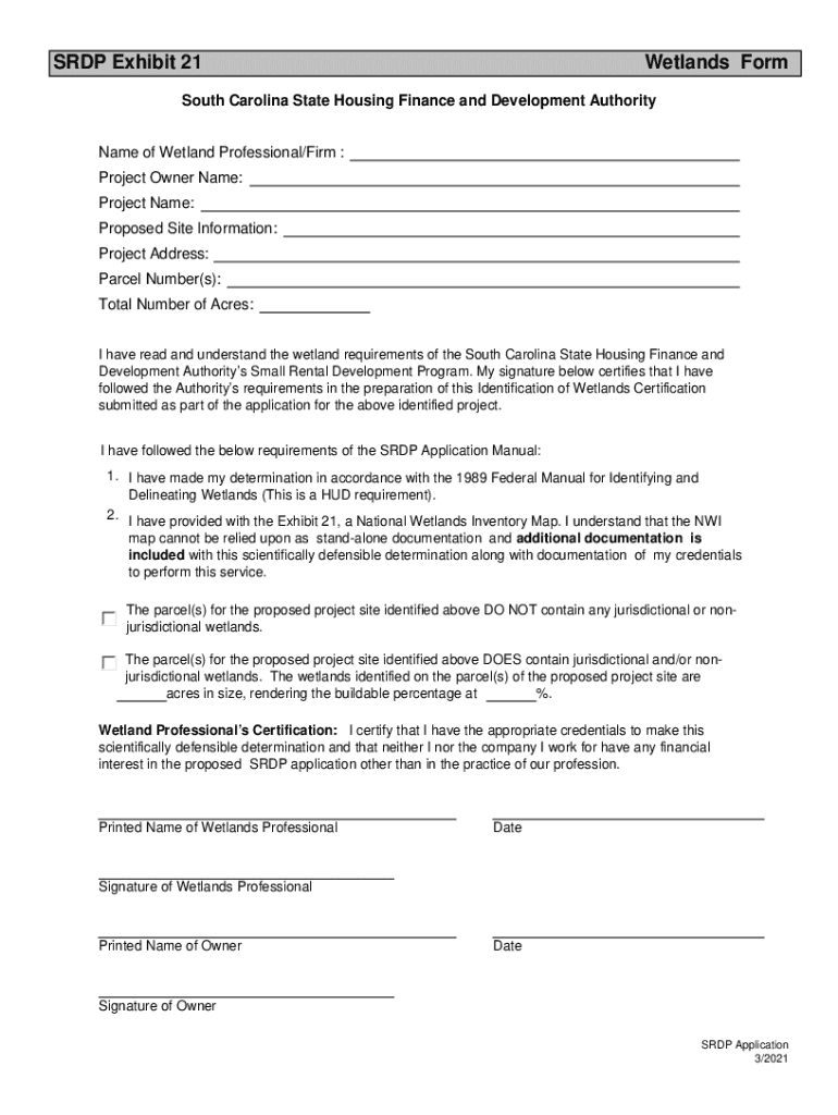 Fillable Online SRDP Exhibit 21 Wetlands Form - SC Housing Fax Email ...