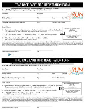 Fillable Online TFAE RACE EARLY BIRD REGISTRATION FORM Fax Email Print ...