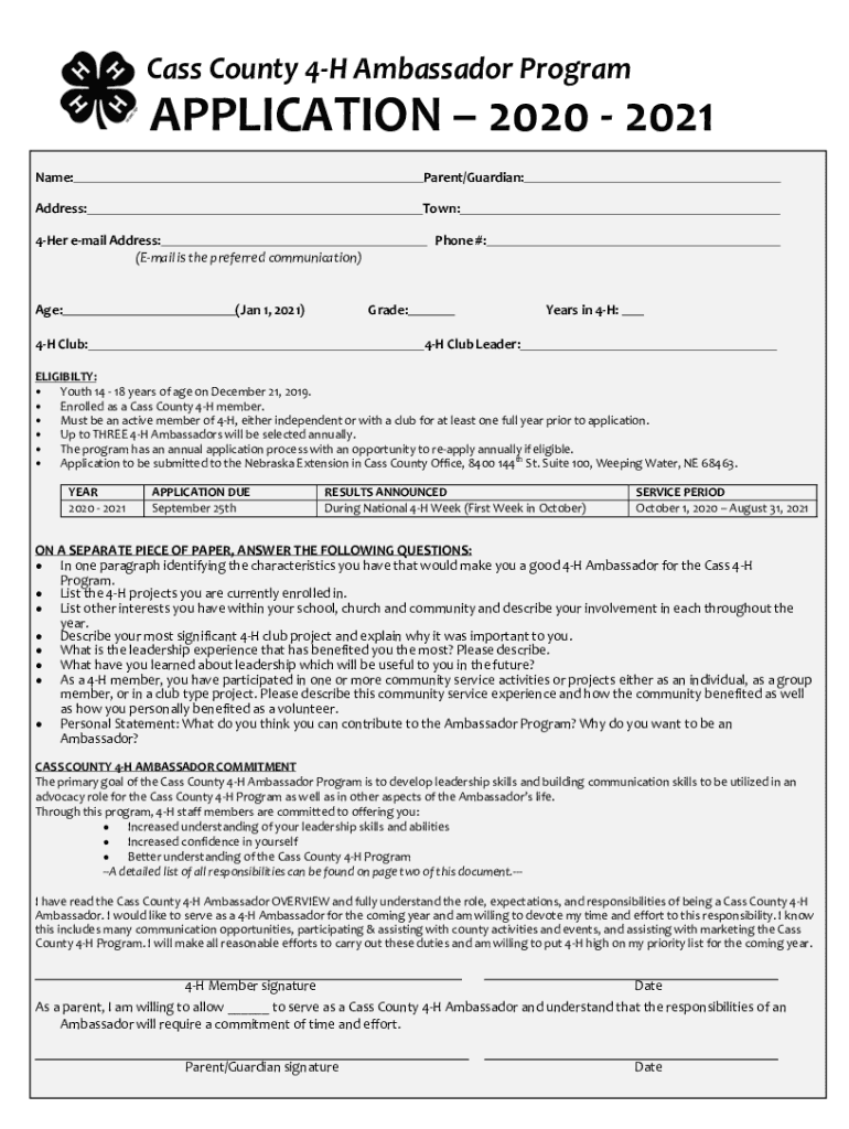 Fillable Online extension unl 202021 Cass County 4-H Ambassador ...