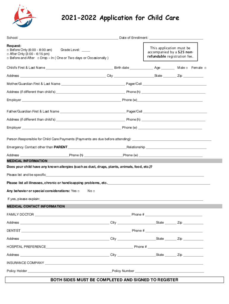 Fillable Online 2021-2022 Application for Child Care Fax Email Print ...