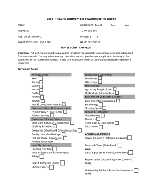 Fillable Online extension unl 2021 ADAMS COUNTY 4-H AWARDS ENTRY SHEET Fax Email Print - pdfFiller