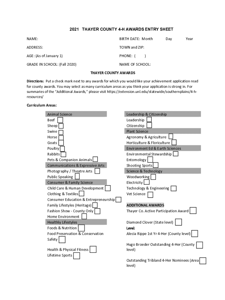 Fillable Online extension unl 2021 ADAMS COUNTY 4-H AWARDS ENTRY SHEET Fax Email Print - pdfFiller