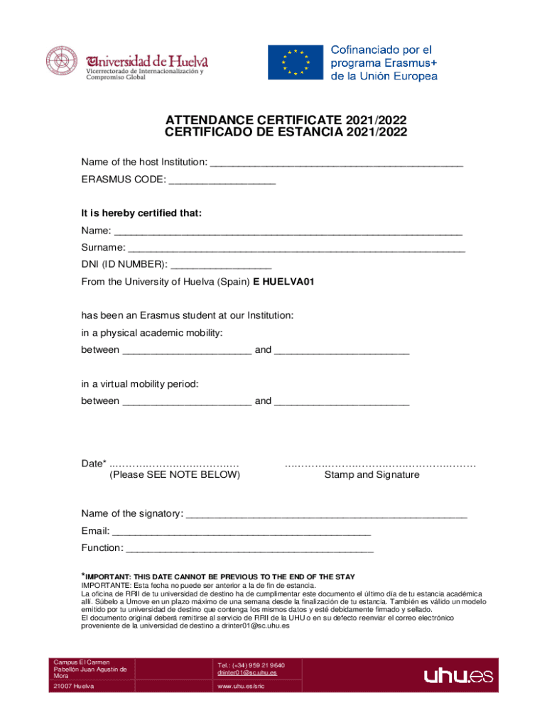Erasmus Attendance Certificate - Blank Fillable Template | Fill Out ...