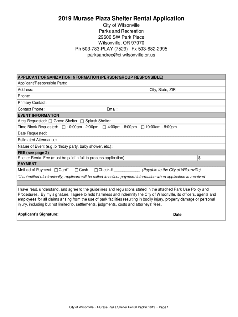 Fillable Online 2019 Murase Plaza Shelter Rental Application Fax Email Print - pdfFiller