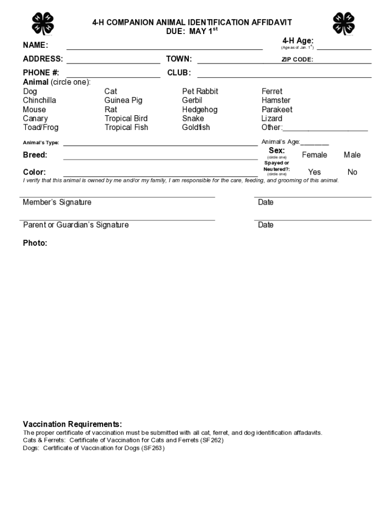 Fillable Online extension unl JC 4-H Companion Animal ID Affidavit Fax Email Print - pdfFiller