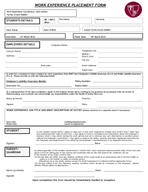 Fillable Online WORK EXPERIENCE PLACEMENT FORM - Squarespace Fax Email ...
