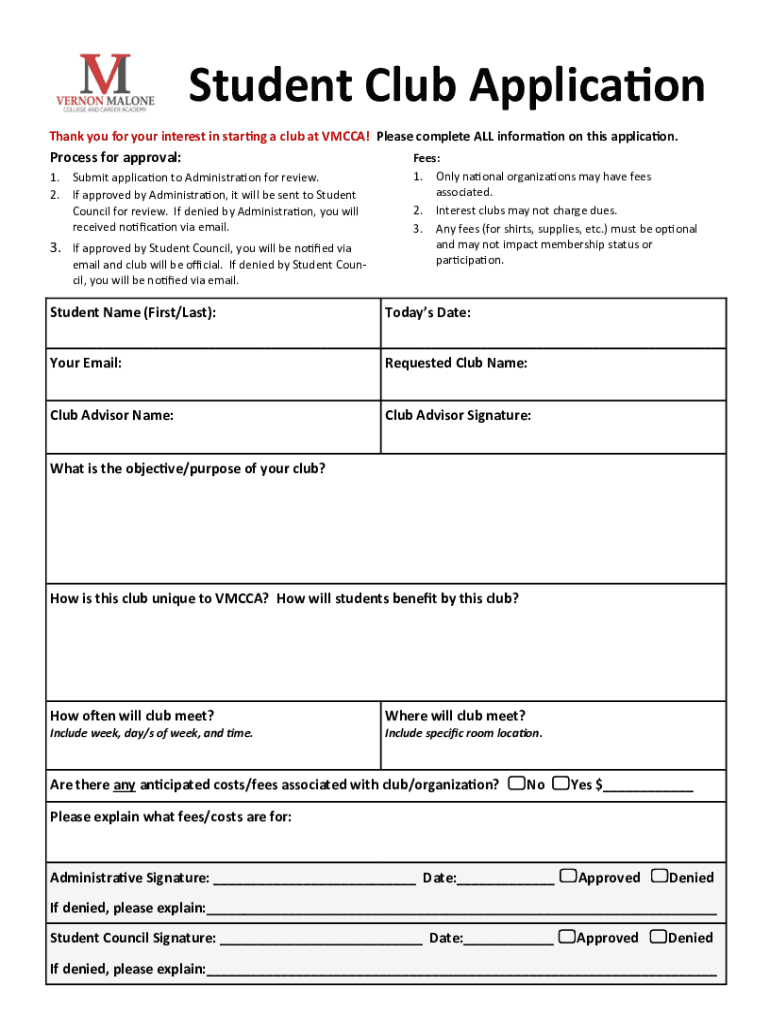 Fillable Online Club/Activity Application Form - Howell High School Fax ...