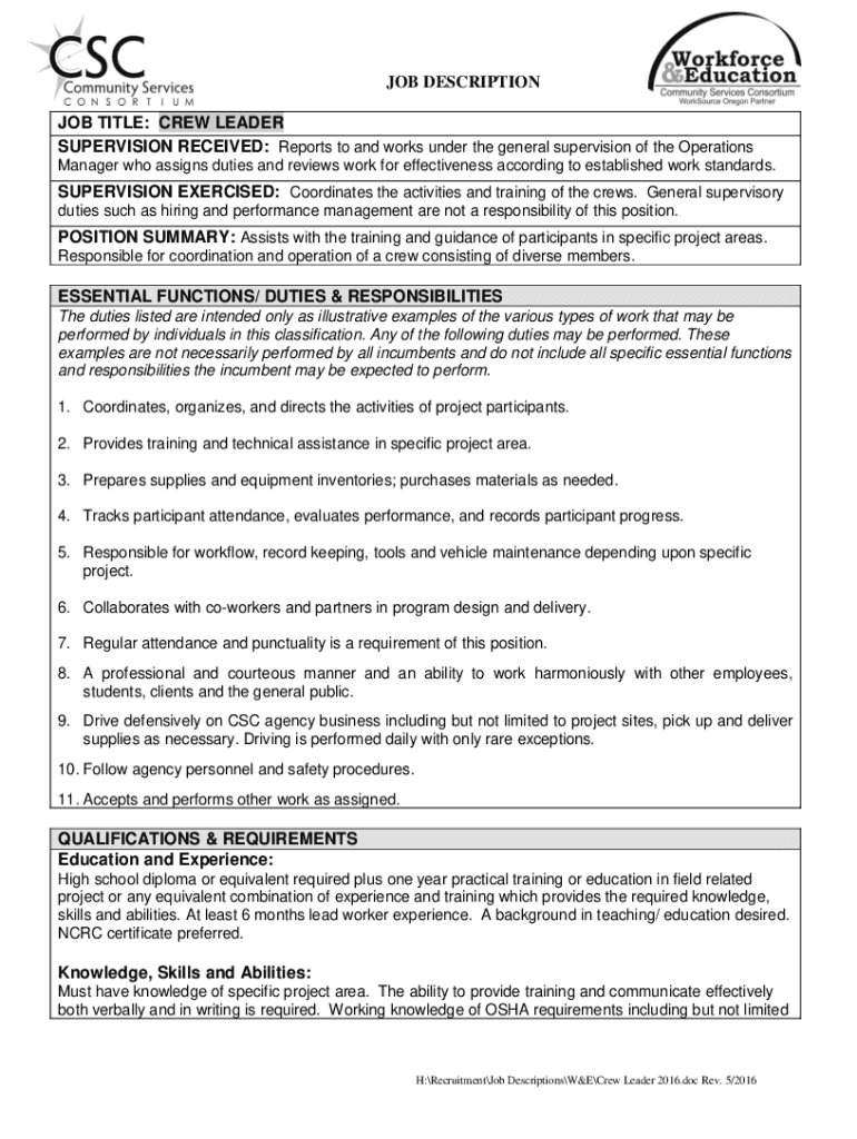 Fillable Online JOB DESCRIPTION JOB TITLE: CREW LEADER ESSENTIAL ...