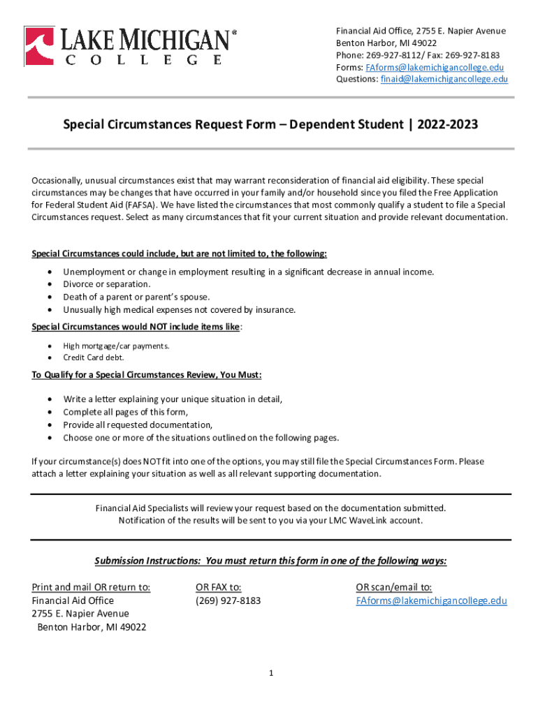 Fillable Online Special Circumstances Request FormDependent Student Fax Email Print - pdfFiller