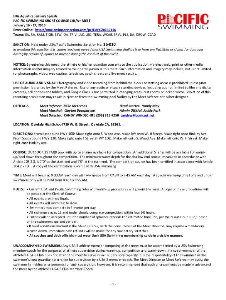 Fillable Online napa valley swim team pacific swimming short course c/b ...